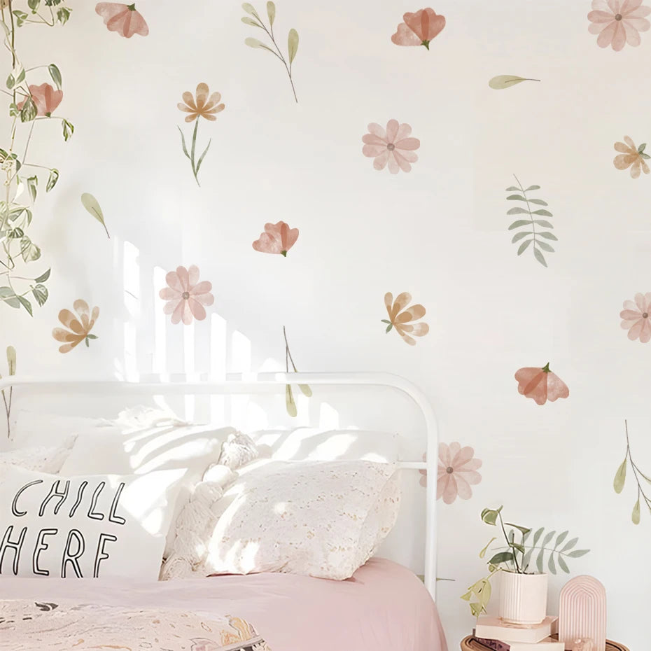 Watercolour Wildflower Wall Decal Stickers - Pink, Neutral & Leaves Mi ...