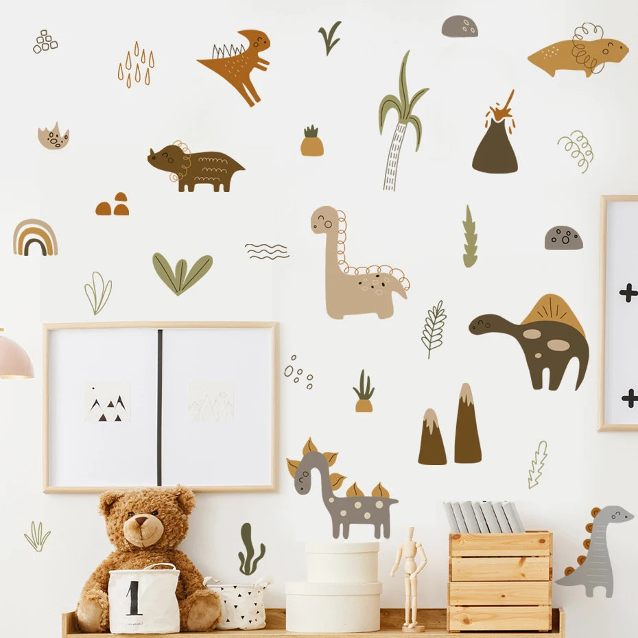 Dinosaur Fun Wall Decal Stickers - Neutral Cartoon with Vulcano & Rain ...