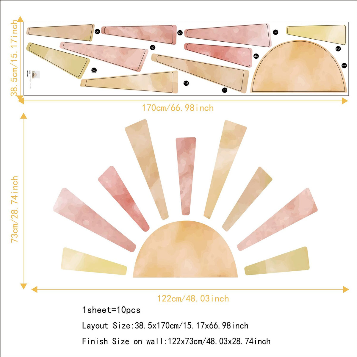 Watercolour Sunsets Wall Decal Sticker - Half Sun Pink Angled Rays ...